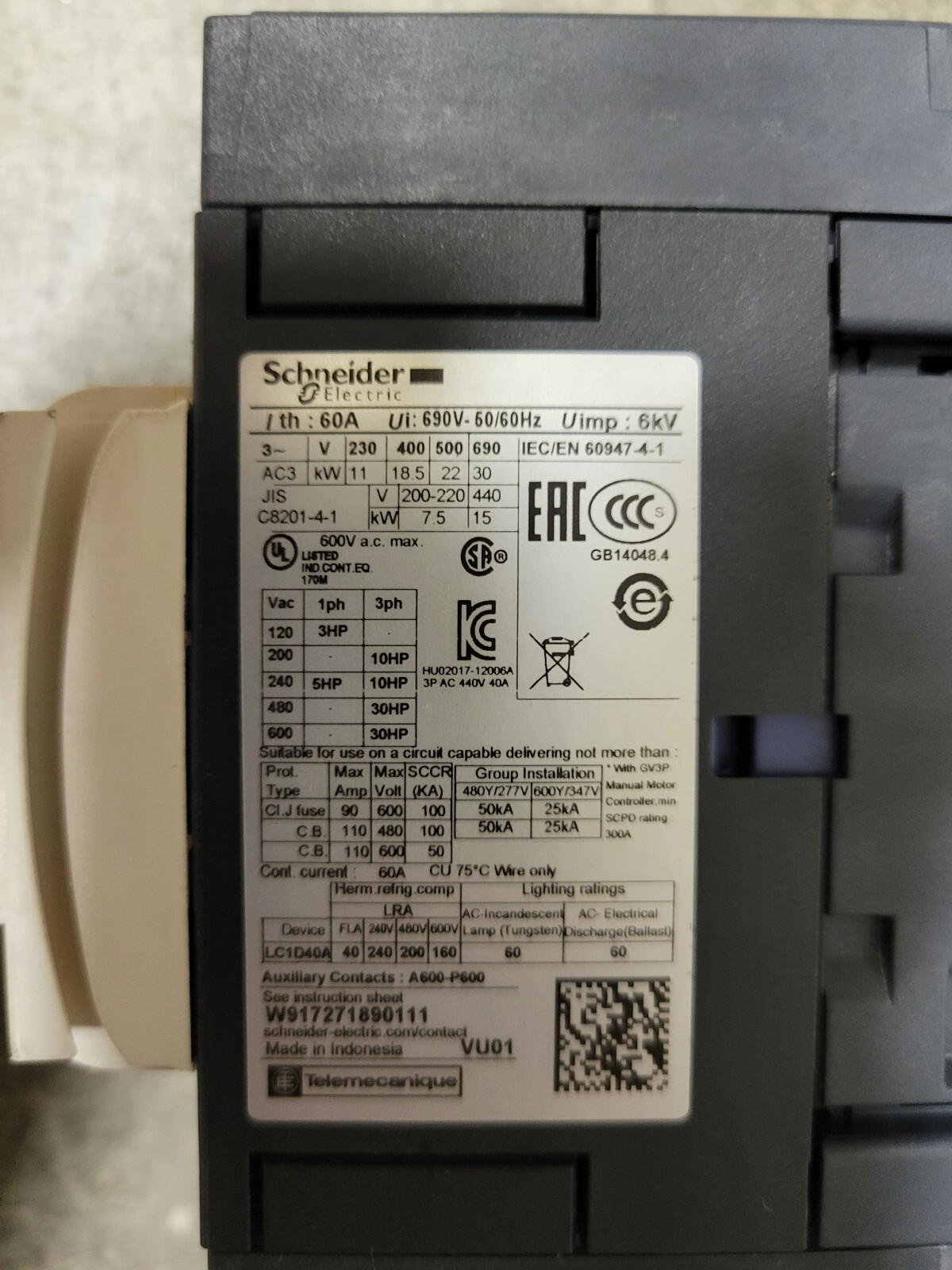Schneider Electric W917271890111 IEC Contactor TeSys D Nonreversing 50a ...
