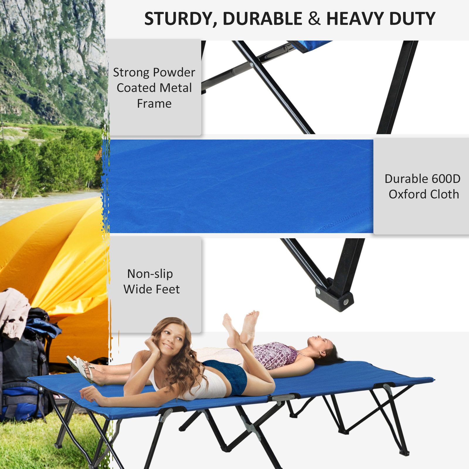 Outsunny Double Camping Folding Cot Outdoor Portable Sunbed w/ Carry ...