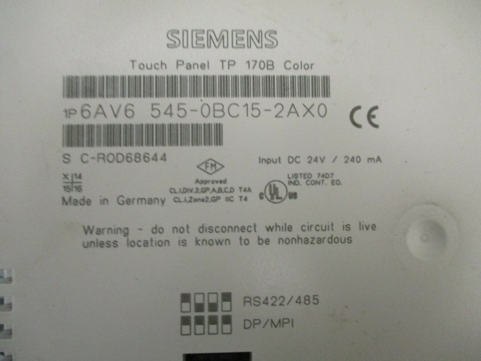 Siemens 6AV6 545-0BC15-2AX0 Simatic Touch Panel TP 170B Color 24VDC ...