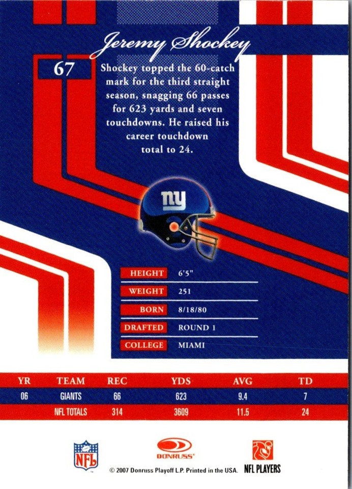 2007 Donruss Elite Jeremy Shockey #67 New York Giants Football Card | eBay