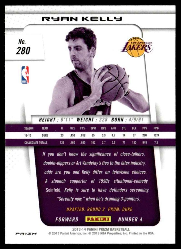 2013-14 Panini Prizm RWB Ryan Kelly Rookie Los Angeles Lakers #280 | eBay