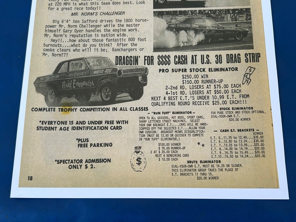 Vintage 1972 US 30 Drag Strip Indiana DRAG RACING BOSS MATCH 12x18 ...