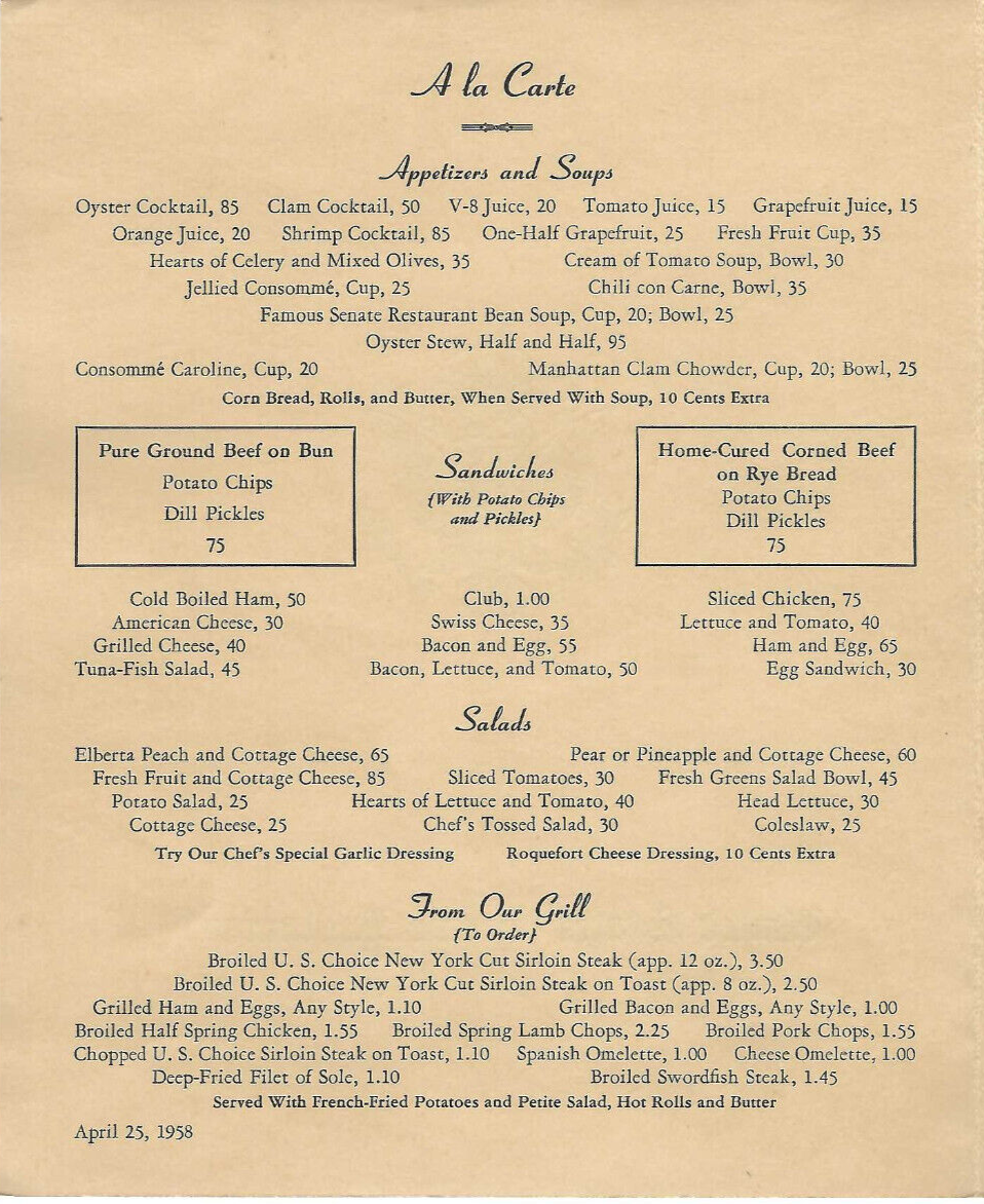 VTG 1958 UNITED STATES SENATE RESTAURANT MENU! CORNED BEEF SANDWICH 75 ...