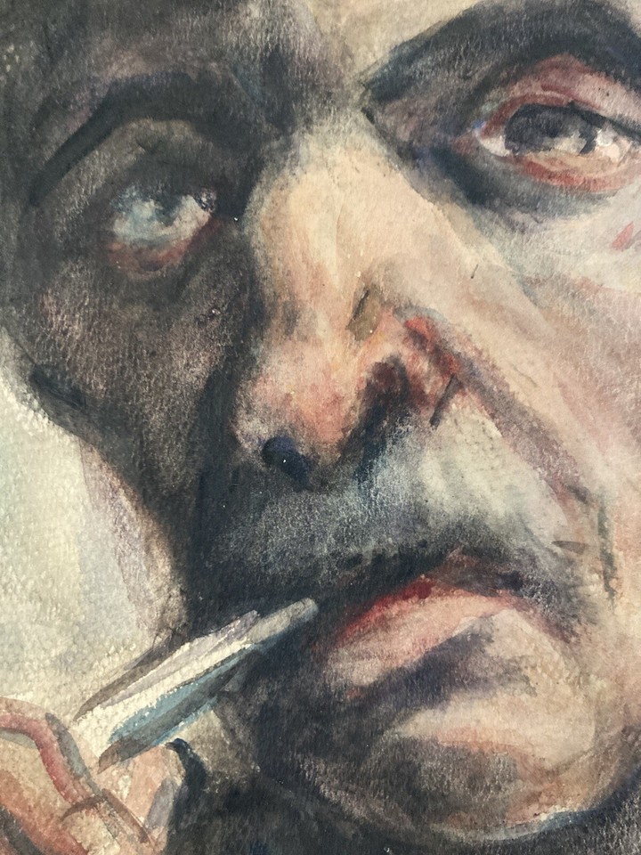 Very Nice Drawing On Paper Portrait Gouache Man At Pipe Antique 1935 | eBay