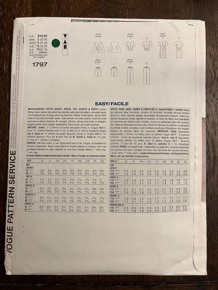 Vogue 1797 UNCUT Sewing Pattern, Misses' Petite Jacket, Dress, Top ...