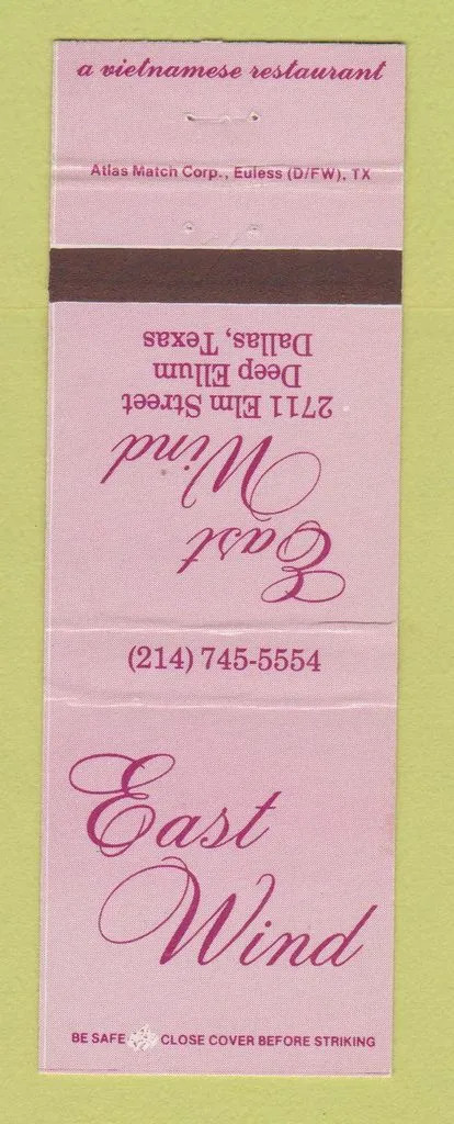 Matchbook Cover - East Wind Dallas TX Vietnamese Restaurant | eBay