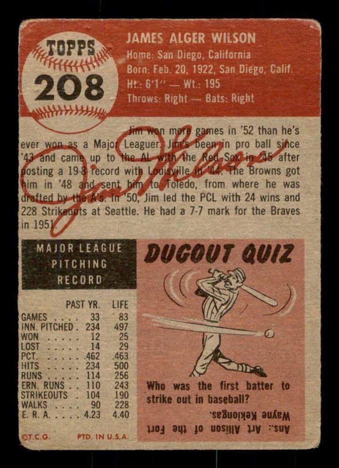 1953 Topps Baseball #208 Jim Wilson PR *h2 | eBay