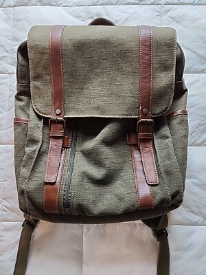 CARGOIT Olive Green Waxed Canvas Brown Trim Flap Snap Closure Backpack ...