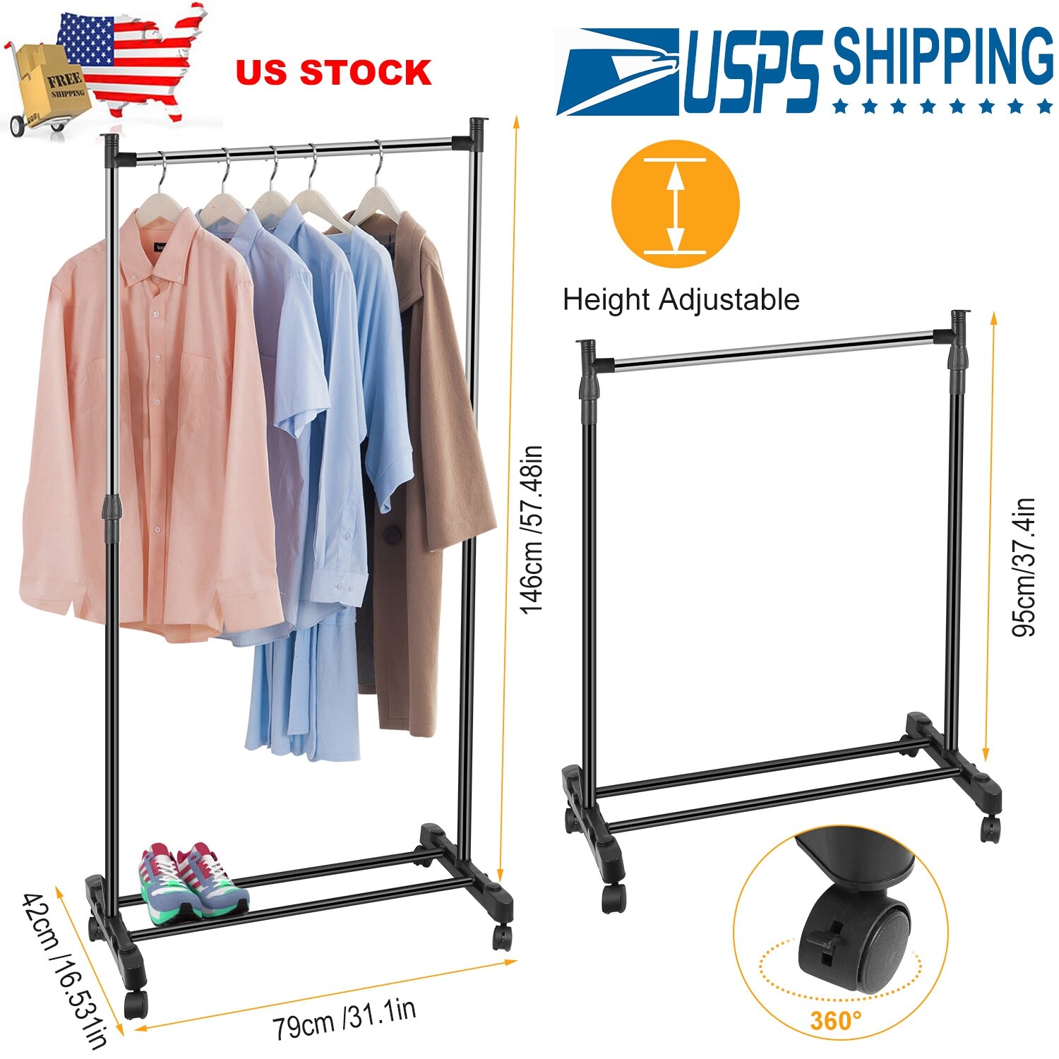 Heavy Duty Clothing Rack Rolling Collapsible Clothes Garment Rack Stand ...