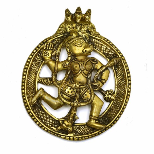 Brass Lord Hanuman on Round Plate with Snake Wall Decor Statue Figurine ...