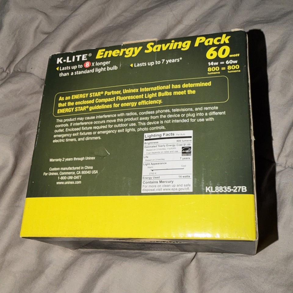 2 K-Lite Light Bulbs 60w Warm White Lights Energy Start 800 Lumens Uses ...