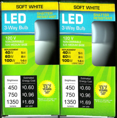 3 Way (2-PACK) Soft White LED Light Bulbs - (5W / 8W/ 14W) - (40W/60W ...