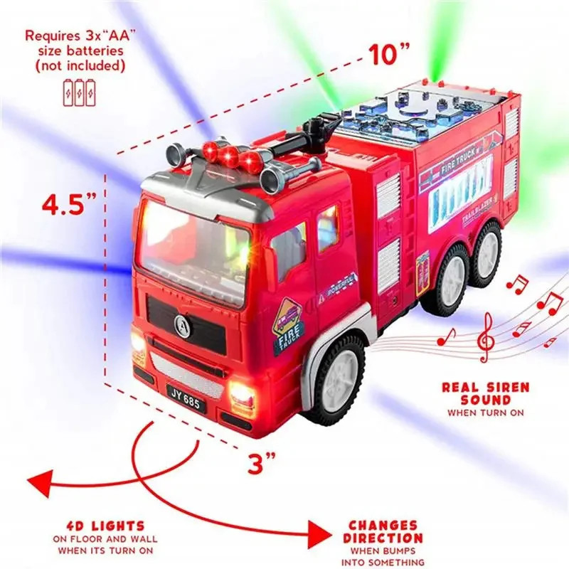 Kids Electric Fire Truck Toy With Bright Flashing Lights Real Siren ...