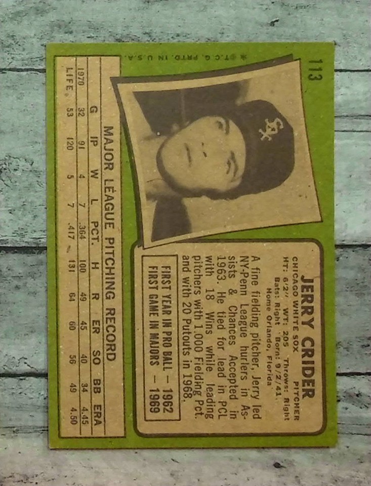 1971 Topps #113 Jerry Crider Chicago White Sox Baseball Card | eBay