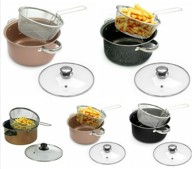 3 in 1 Non Stick Fryer Chip Pan with Lid Wire Basket 24cm Deep Fat ...