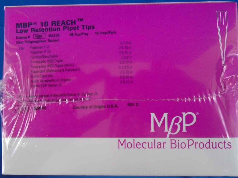MOLECULAR BIO PRODUCTS MBP 10 REACH PIPET TIPS 3512 BOX OF 10 TRAYS OF ...