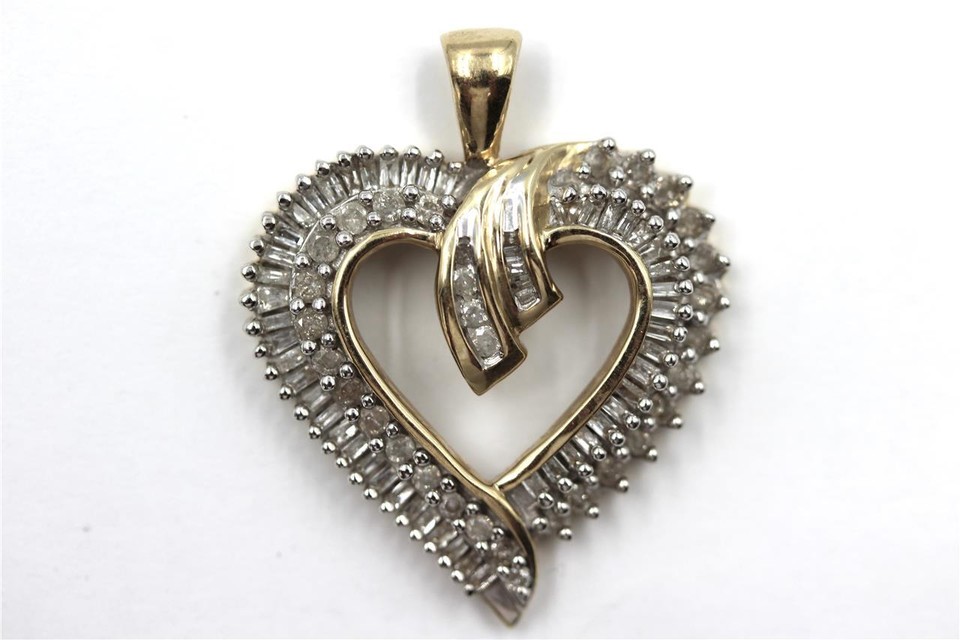 85 GORGEOUS AUTHENTIC ROUND & BAGUETTE DIAMONDS 10K SOLID GOLD HEART ...