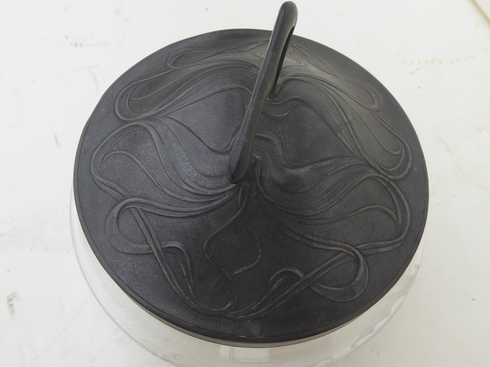 PEWTER LIDDED BOX COVERED GLASS ENGRAVED JUGENDSTIL GERMANY ANTIQUE ERA ...