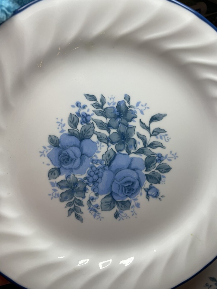 4 Corelle Corning Blue Velvet Rose Flower Swirl 7¼" Dessert Bread Plate ...