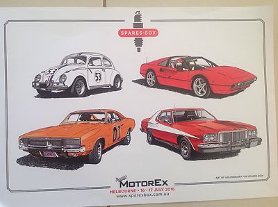 VINTAGE MUSCLE CARS MOTOREX POSTER, BARGAIN GTS, VW HOLDEN FORD FERRARI ...