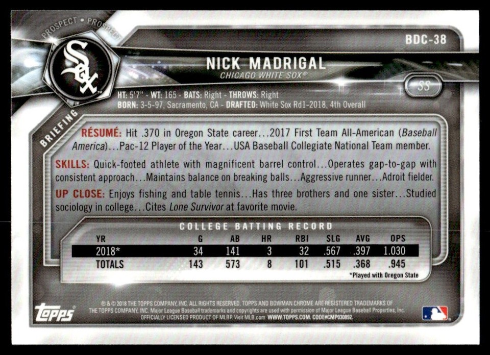 2018 Bowman Draft Chrome Nick Madrigal G80 Chicago White Sox #BDC-38 | eBay