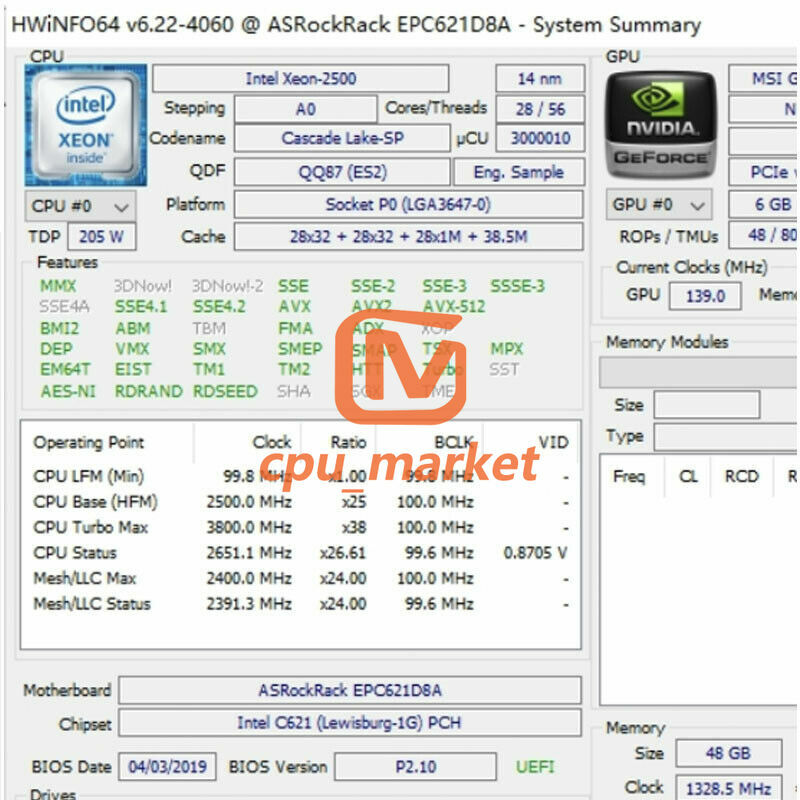 Intel Xeon Platinum 8280 ES QQ87 2.5GHz 28 Cores 205W LGA3647 CPU ...