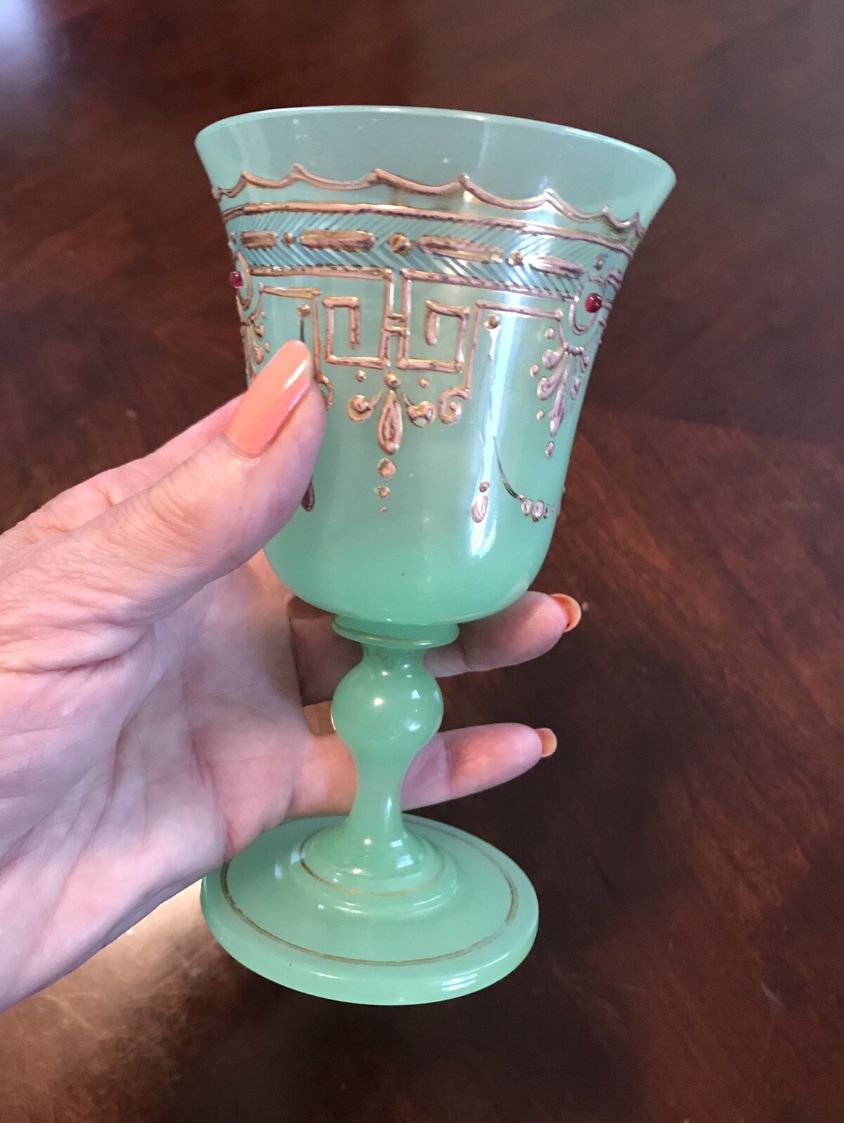 Antique Opalene Green Uranium Glass Goblet Chalice Gold Gilded Enameled ...