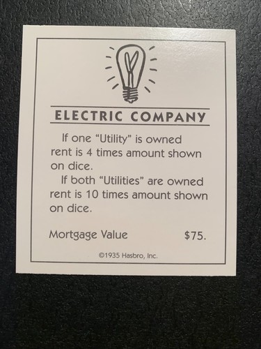 Monopoly ELECTRIC COMPANY Title Deed Card Replacement Game Piece / Part ...