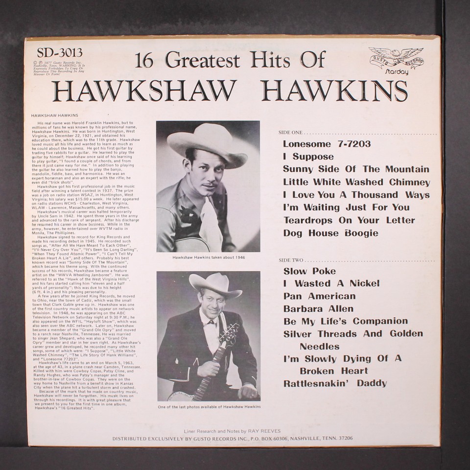 HAWKSHAW HAWKINS: 16 greatest hits STARDAY 12" LP 33 RPM | eBay