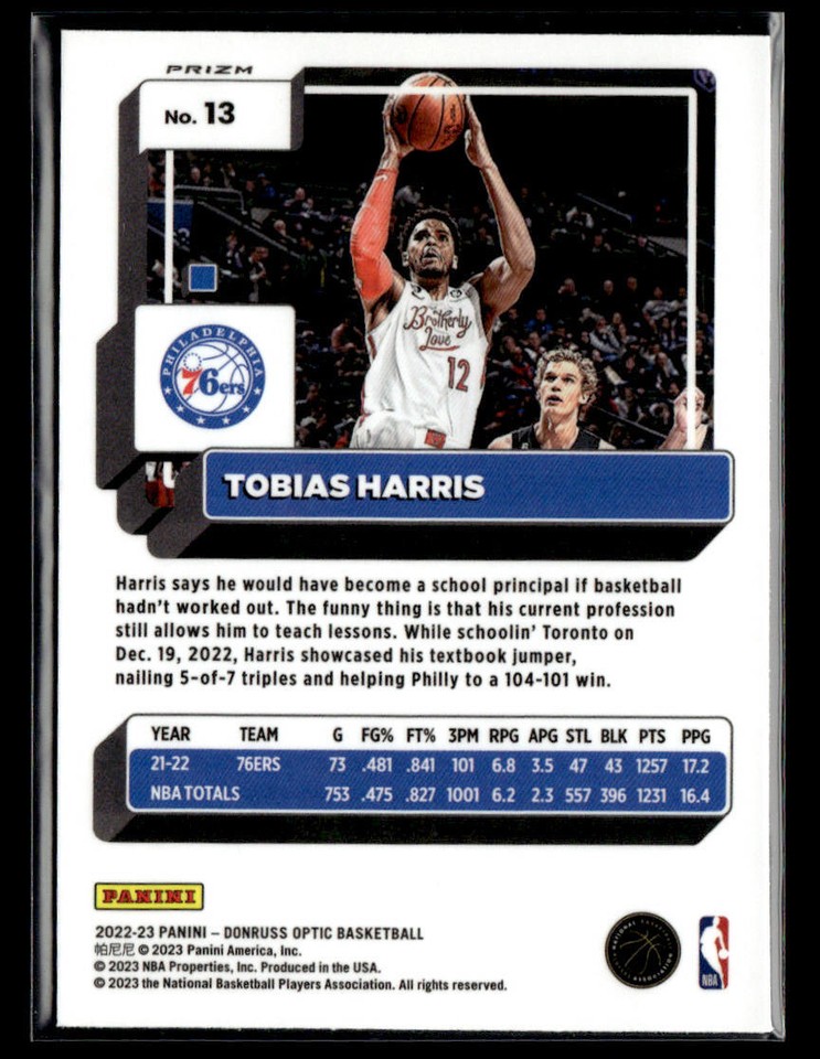 2022-23 Donruss Optic #13 Tobias Harris Purple Shock Card Philadelphia ...