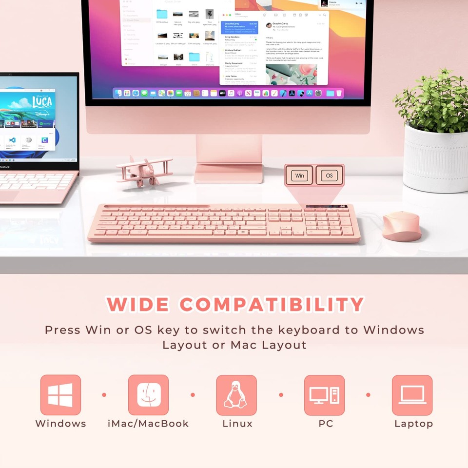 Wireless Keyboard and Mouse for MacBook, Pink Rose Wireless Keyboard ...