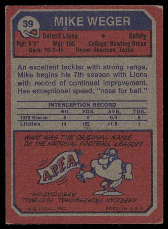 1973 Topps Mike Weger #39 Detroit Lions Football Card | eBay
