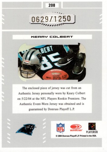 2004 Leaf Certified Materials #208 Keary Colbert Jersey RC /1250 - FB ...