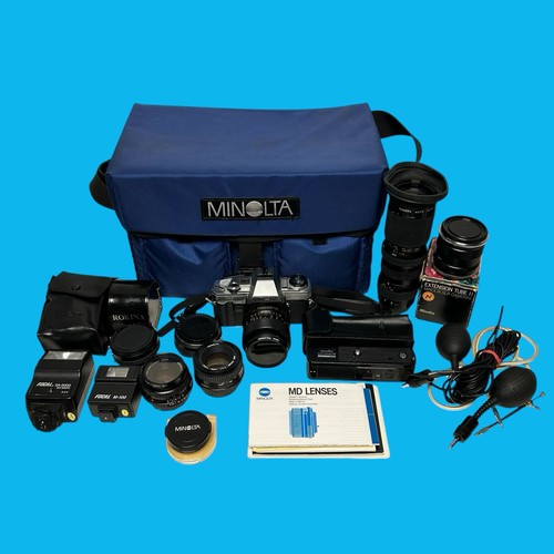 Minolta X-370 35mm Camera Lot With Auto Winder Lenses Accessories Case ...