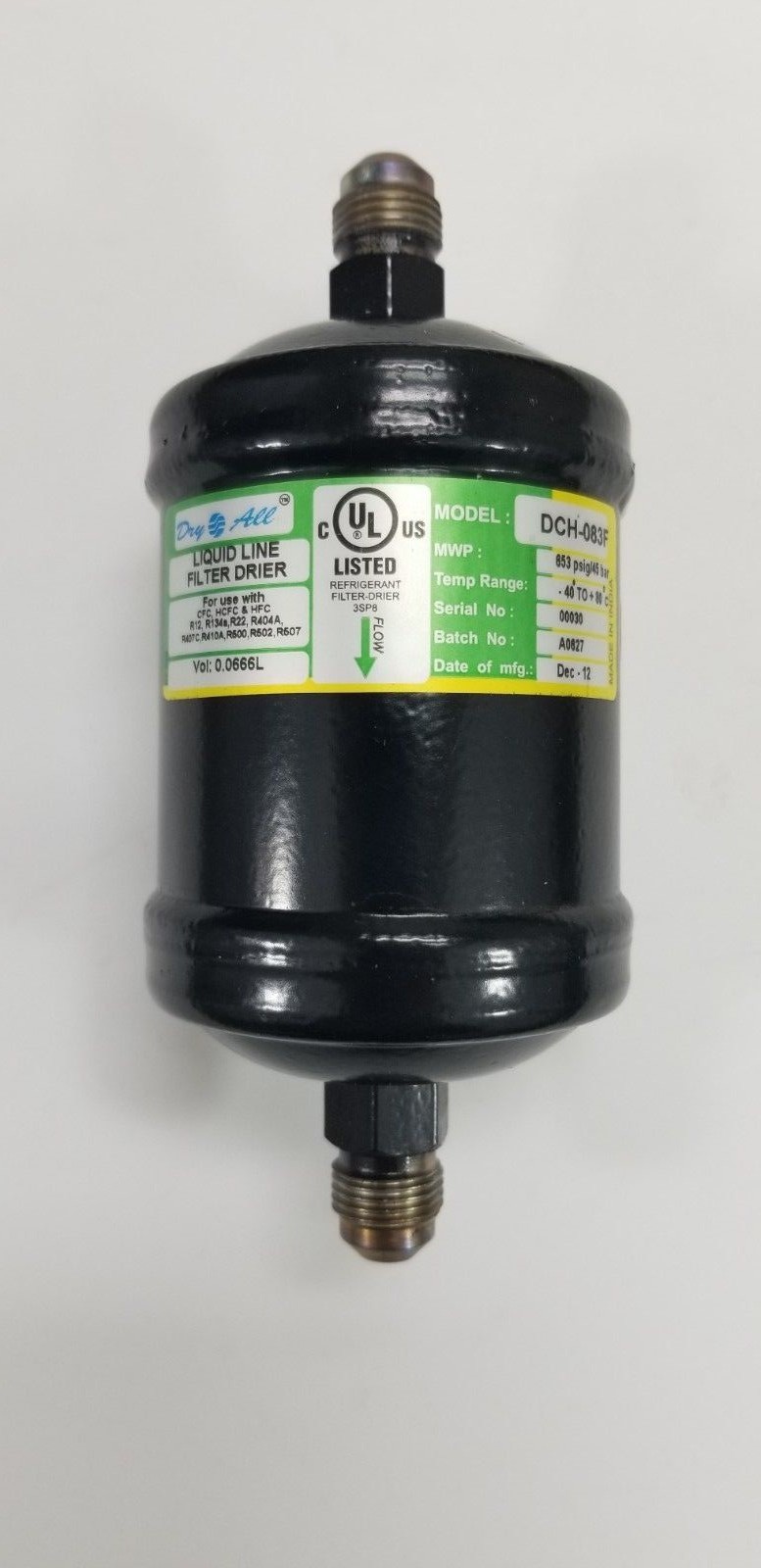 Refrigerant Filter Drier DCH-083F/3/8"ODF/1.5LBS/2.5"Diam./6"L/653 PSIG ...