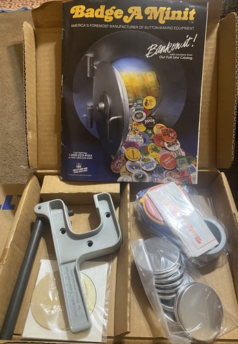 Vintage BADGE-A-MINIT BUTTON MAKER Hand Press & Supplies w/ Boxes ...