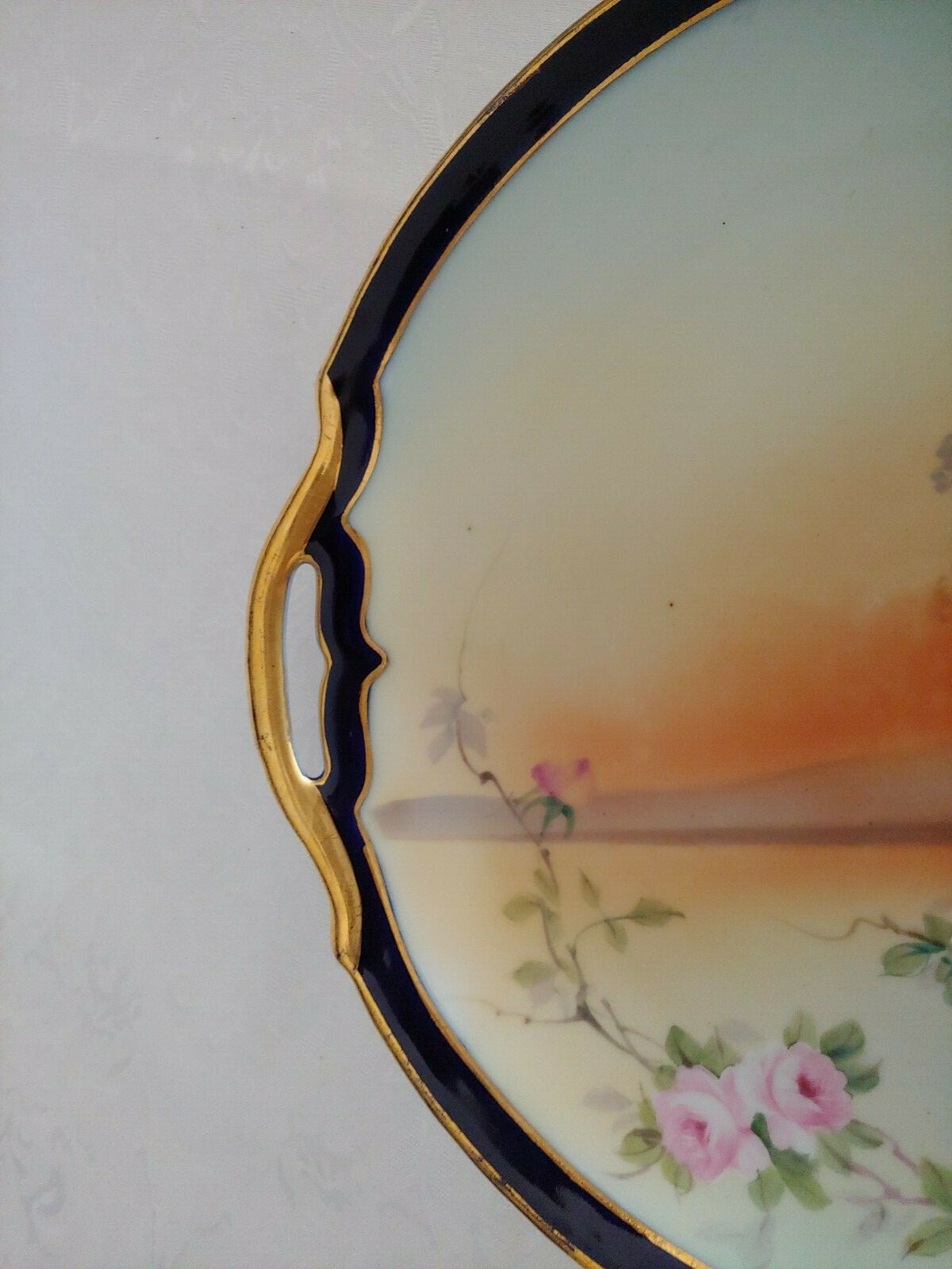 VINTAGE HAND PAINTED NIPPON PLATE WITH HANDLES 9” SUNSET FLORAL NATURE ...