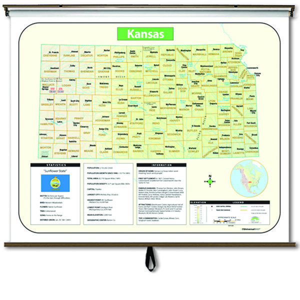 Kansas Large Scale Shaded Relief Wall Map on Roller with Backboard | eBay