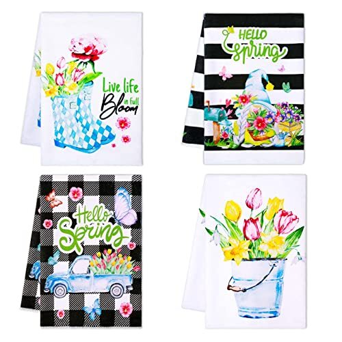 4Pcs Spring Kitchen Towels Buffalo Plaid Easter Spring Kitchen Dish ...