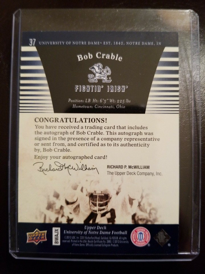 2013 Upper Deck University of Notre Dame Bob Crable #37 Auto | eBay