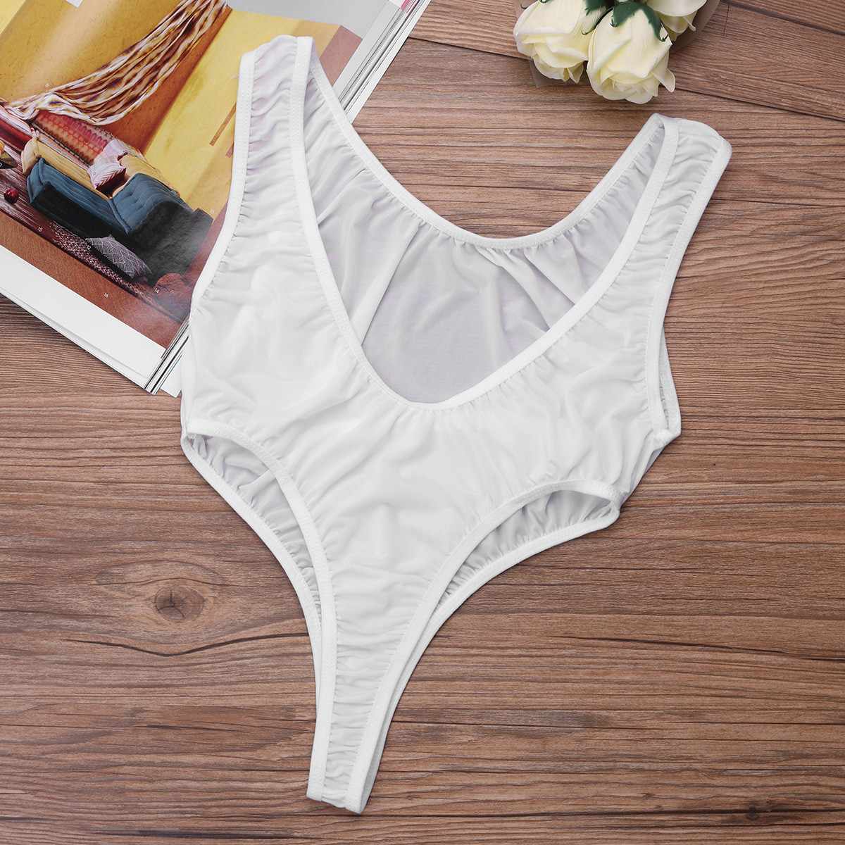 Sexy Womens Sheer See-through High Cut Leotard Lingerie Backless Thong ...