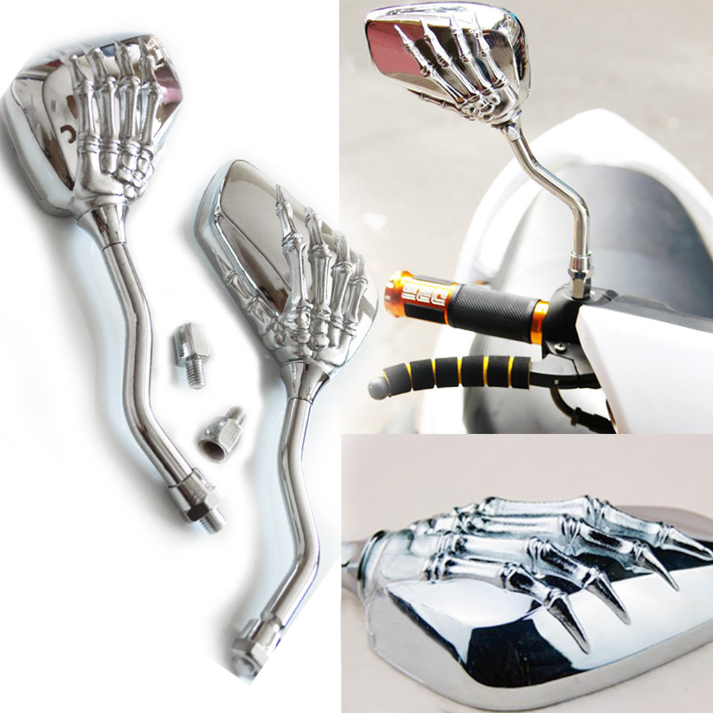 2x 8MM 10MM Chrome Skull Hand Motorcycle Side MIRRORS for Harley Honda ...