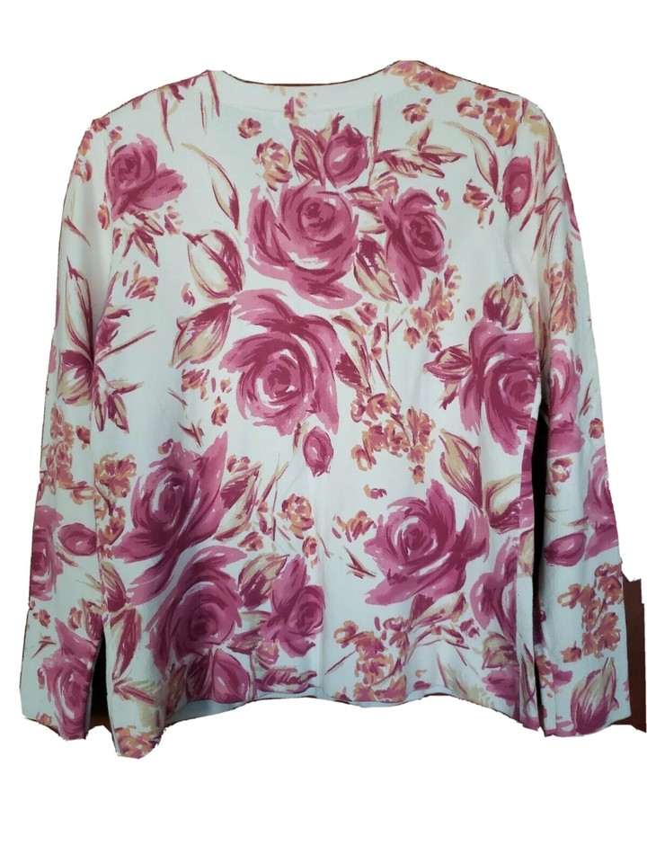 JM collection pink white floral long sleeve cardigan sweater Petite M ...
