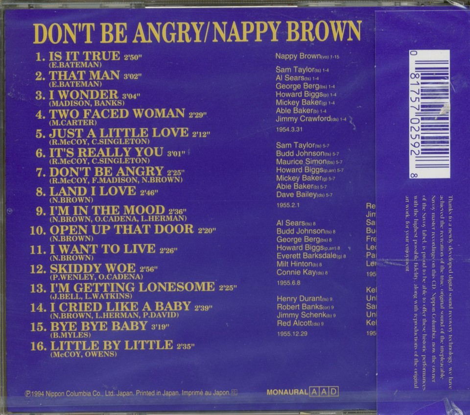 Nappy Brown - Don't Be Angry (CD) - Rhythm & Blues | eBay