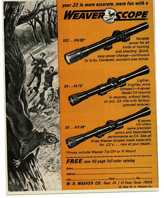 1966 WEAVER Rifle Scopes V22 C4 C6 squirrel hunters Vintage Print Ad | eBay