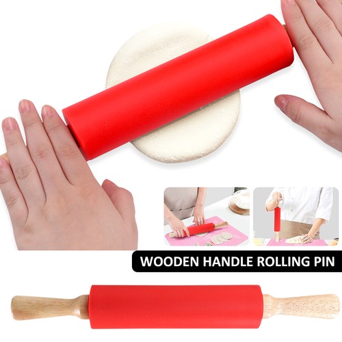 Rolling Pin Food Grade Silicone Non-Stick Fondant Roller Wooden Handle ...
