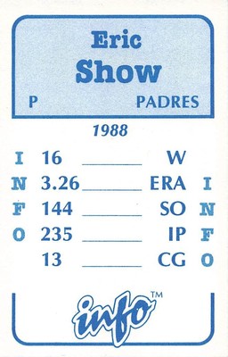 Eric Show 1989 INFO BASEBALL Game Card - San Diego Padres | eBay