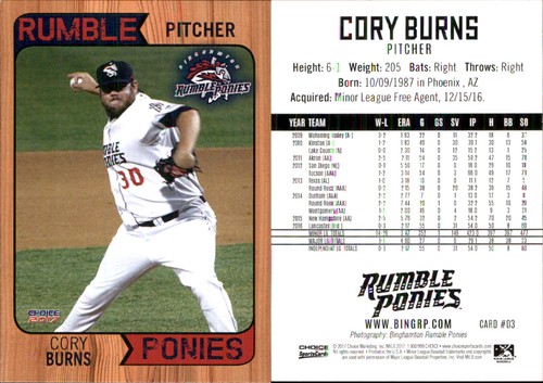 Cory Burns 2017 Choice Binghamton Rumble Ponies #03 FREE SHIP ...
