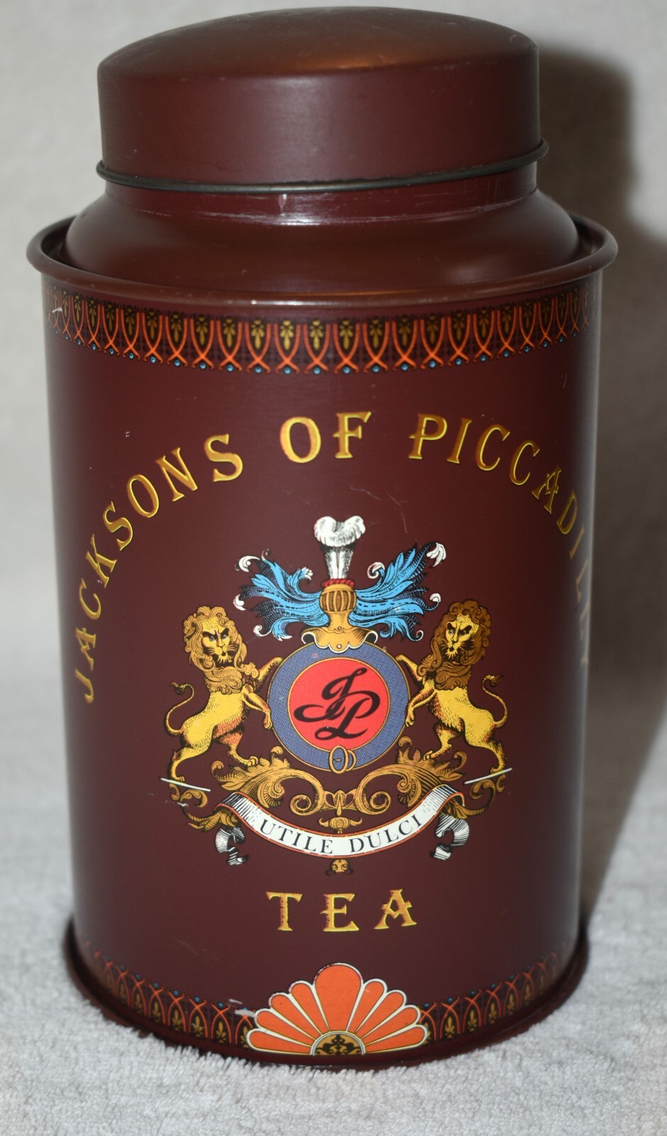 Vintage Jacksons Of Piccadilly Utile Dulci Tea Tin Canister Burgundy ...