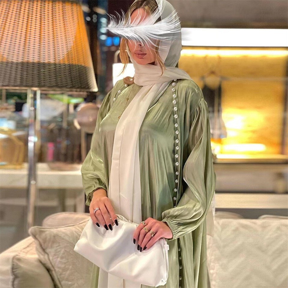 Open Cardigan Women Muslim Satin Abaya Dress Two Piece Set Modest Robe ...